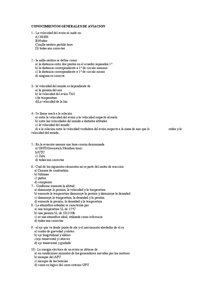 Modelo de Examen Conocimientos Generales de Aviacion | PDF | Avión | Atmósfera