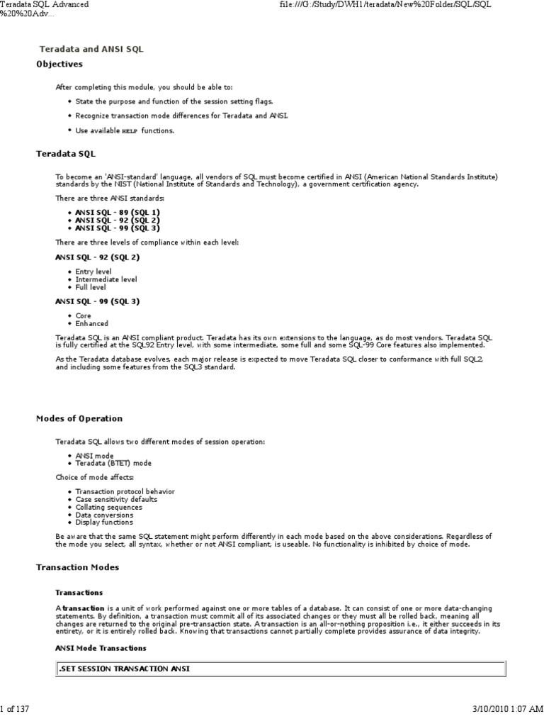 Teradata SQL Advanced | PDF | Database Transaction | Sql