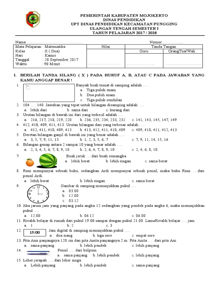 Soal Uts 1 MTK Kls 2 | PDF
