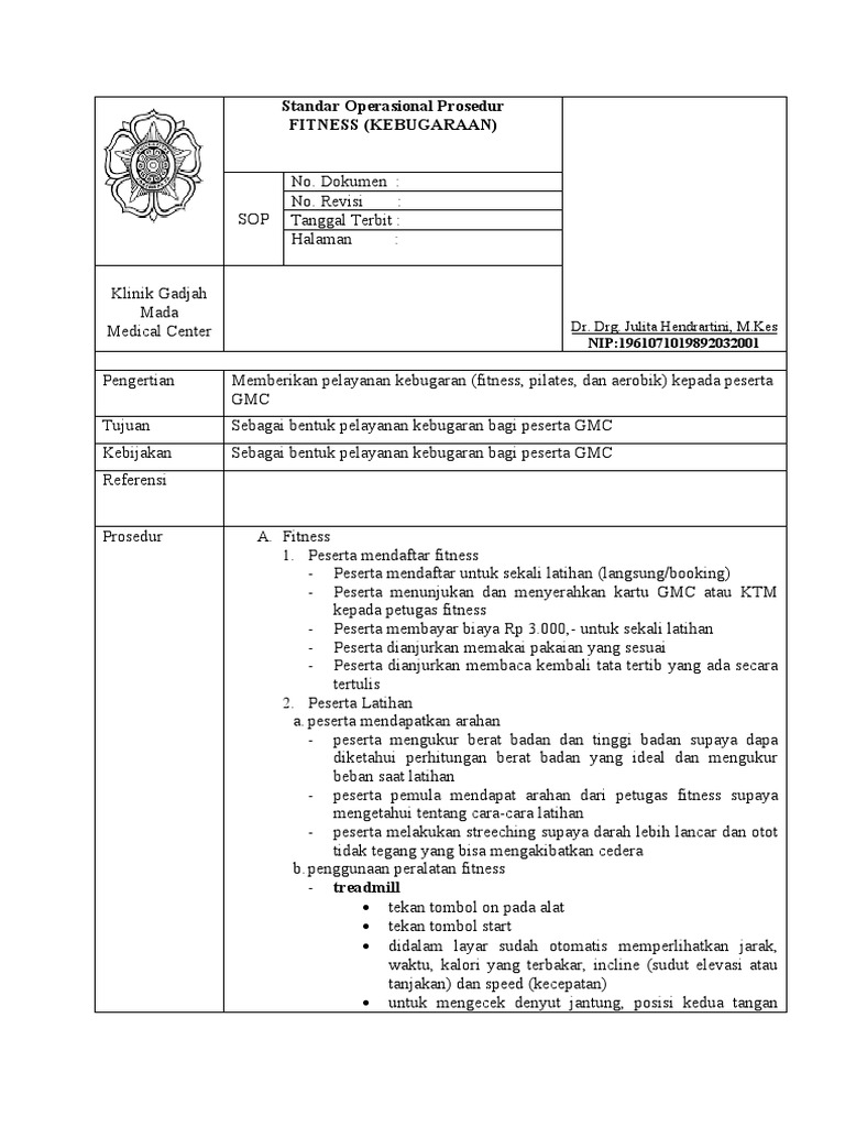 SOP Peserta Fitness. Pilates, Dan BL | PDF