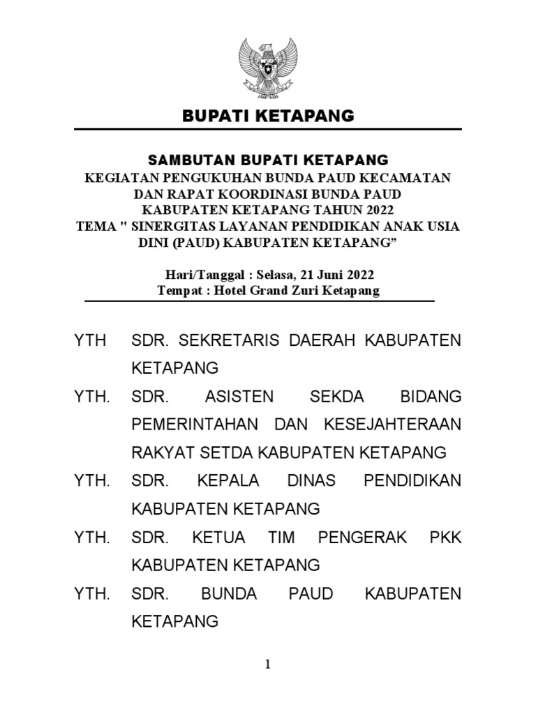 Sambutan Bup. Rakor Pengukuhan Bunda Paud 2022 | PDF Sambutan Bup. Rakor Pengukuhan Bunda Paud 2022 | PDF