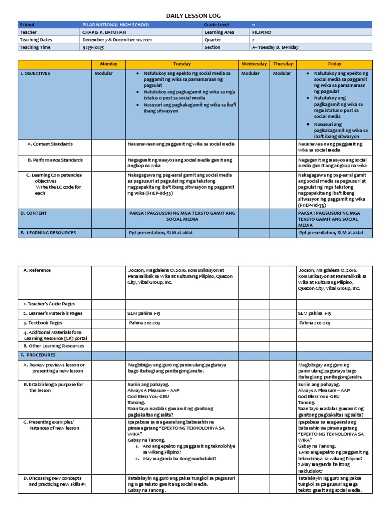 Daily Lesson Log Week 4 | PDF