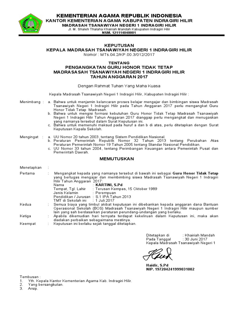 Contoh SK 2017 Guru Honor Ok PDF | PDF