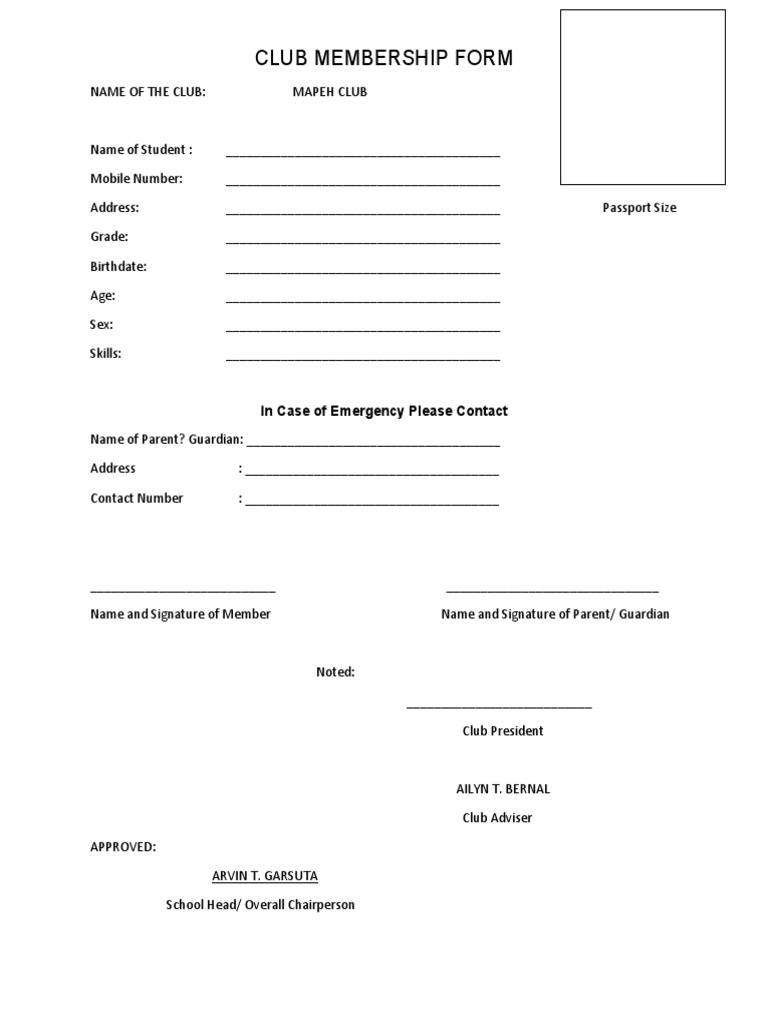 Club Membership Form Mapeh | PDF