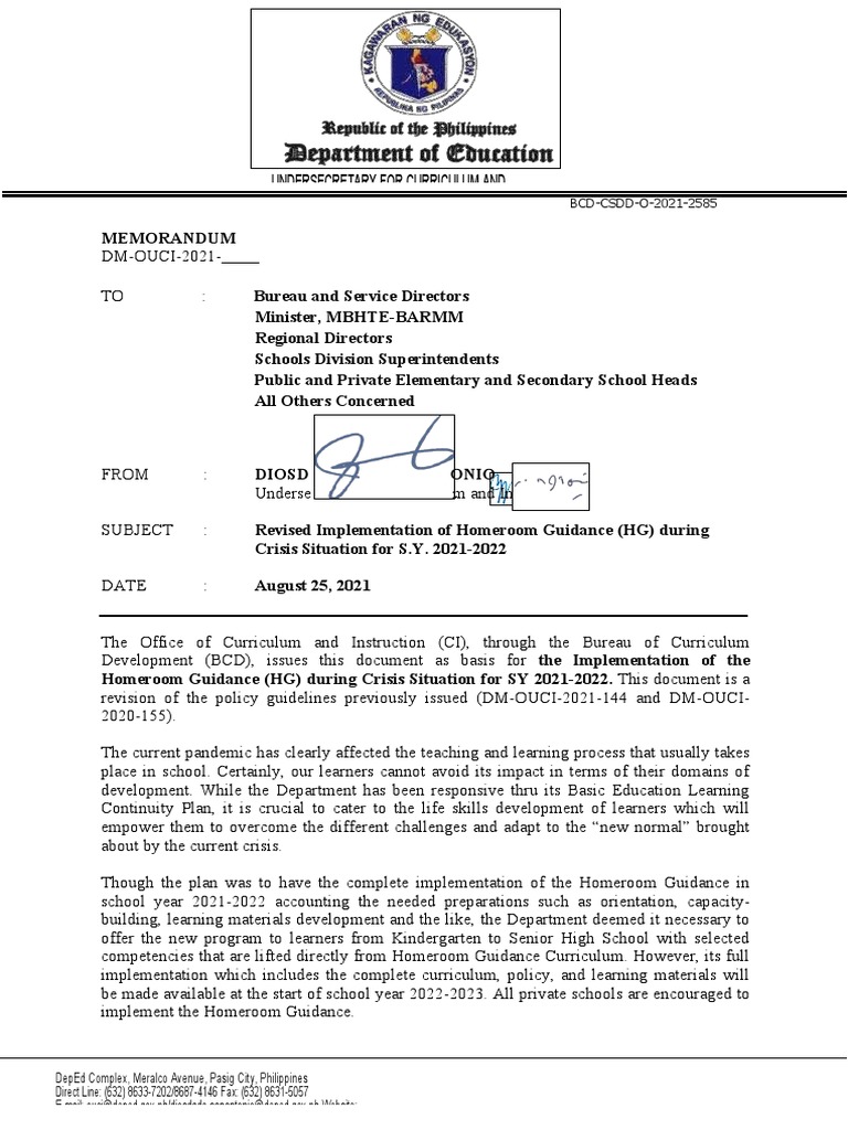 Revised Homeroom Guidance Implementation | PDF