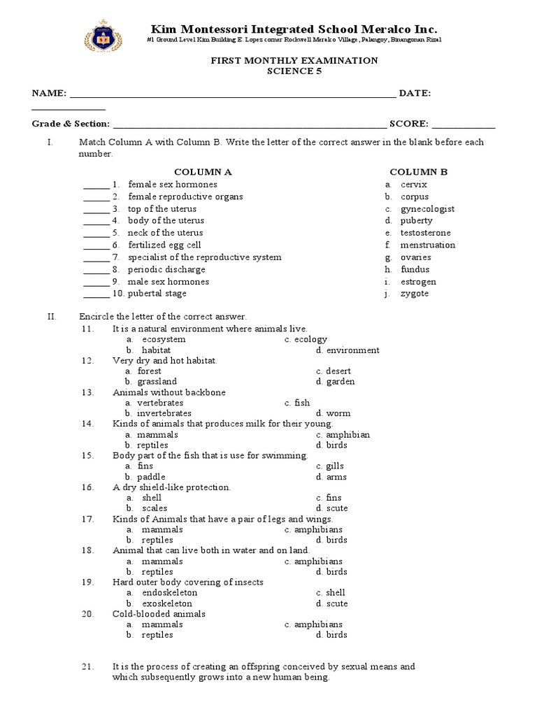g5 Science 1st Monthly | PDF | Reproductive System | Ovary