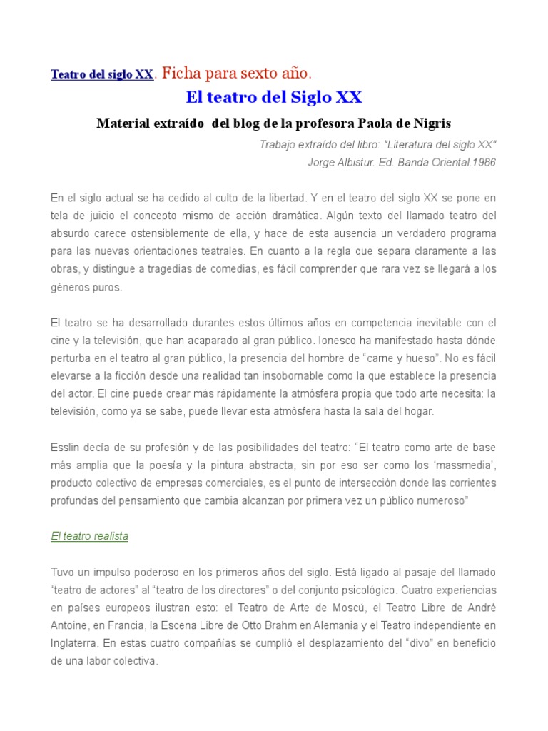 Teatro del Siglo XX: Innovaciones y Tendencias | PDF