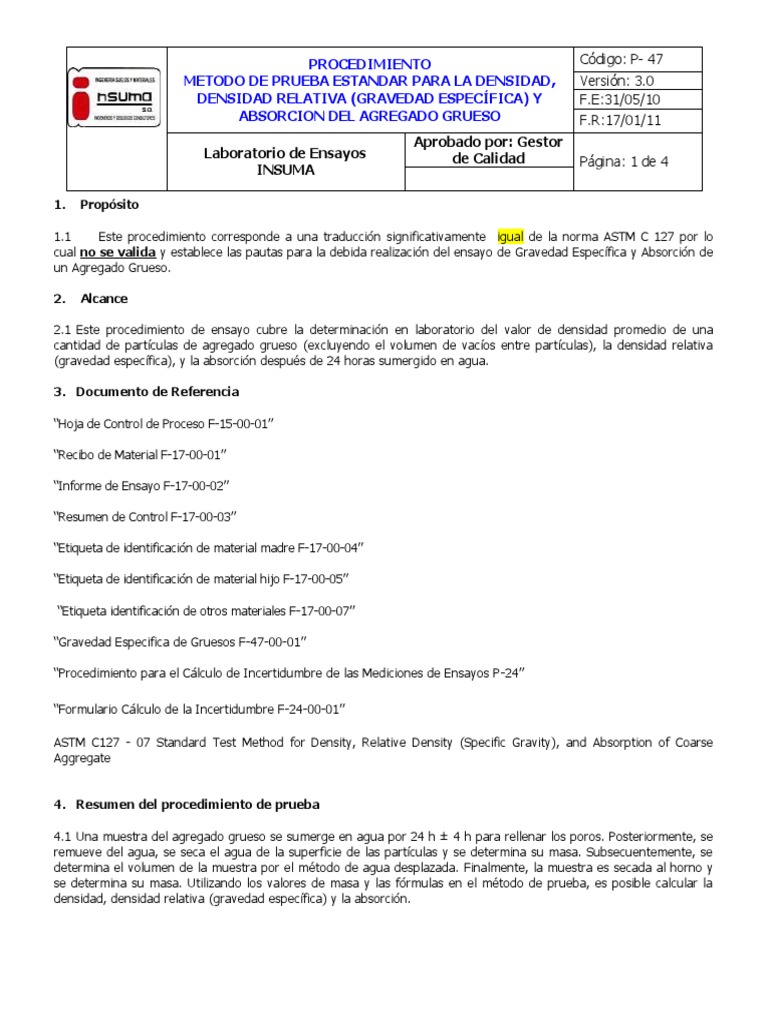 Astm c127 Metodo de Prueba Estandar para La Densidad, Relativa y ...