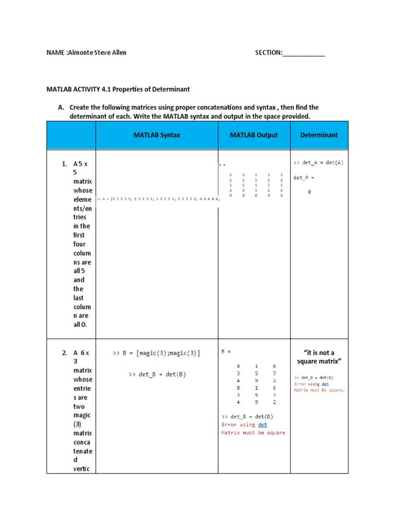 MATLAB Determinant Properties Guide | PDF