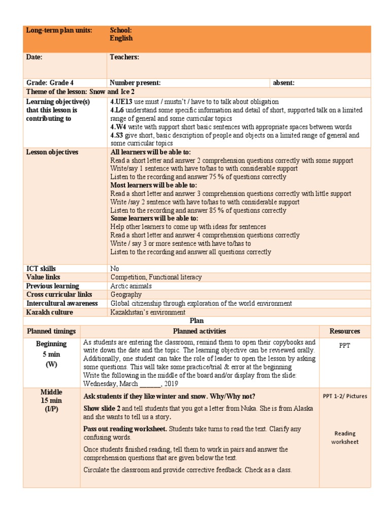 Grade 4 Lesson Plan: Snow and Ice | PDF | Learning | Reading Comprehension