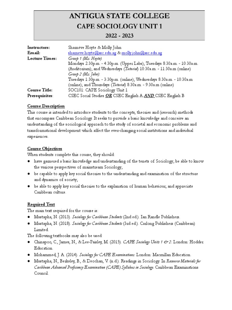 CAPE Sociology Unit 1 Course Outline 2022-2023 | PDF | Sociology | Test ...