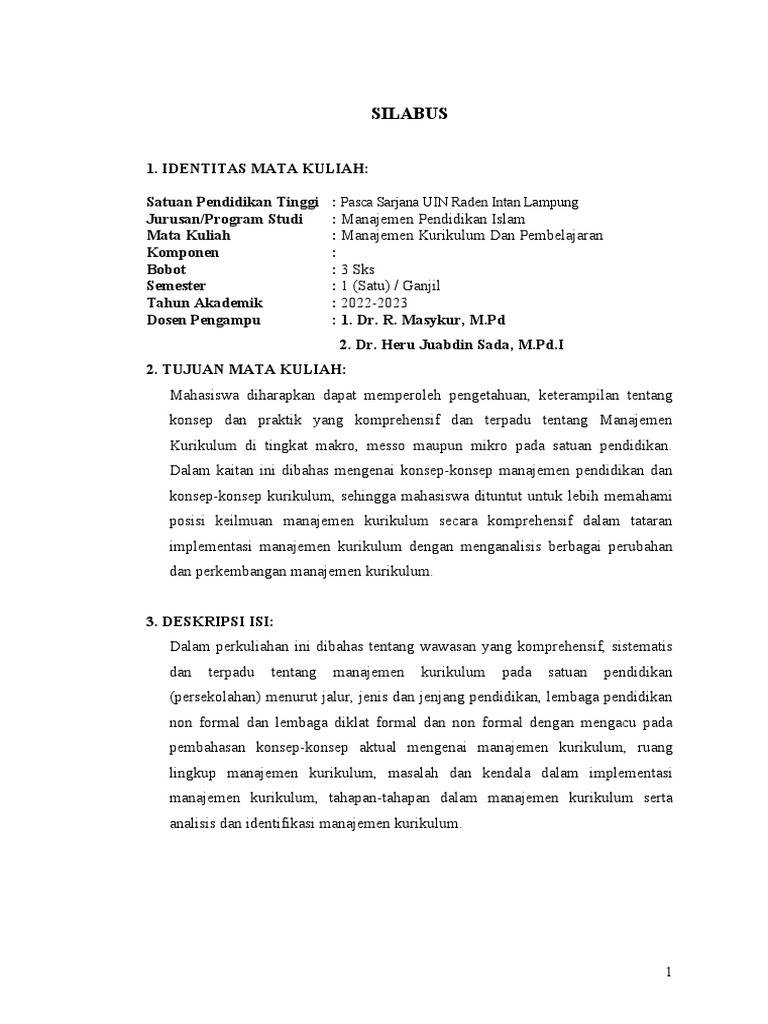 SILABUS MK Manajemen Kurikulum OKE | PDF | Seni