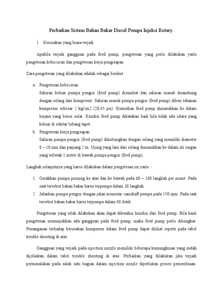 Perbaikan Sistem Bahan Bakar Diesel Pompa Injeksi Rotary | PDF