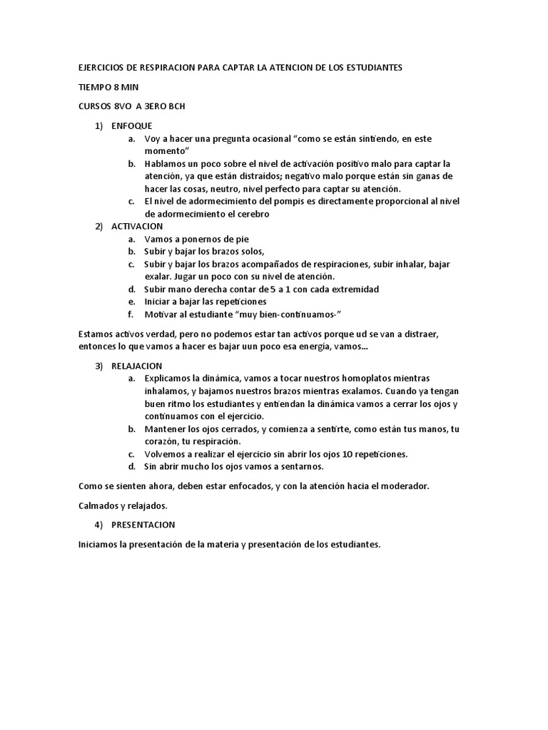 Ejercicios de Respiracion para Captar La Atencion de Los Estudiantes | PDF
