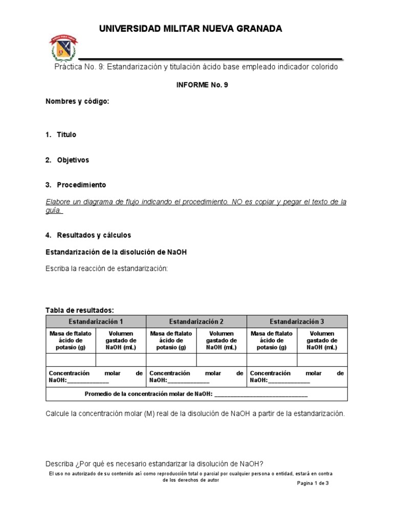 Práctica No. 9. Informe Estandarización y Titulación Ácido Base Empleado Indicador Colorido. | PDF