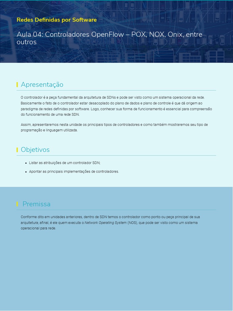 Aula 04 Controladores OpenFlow - POX, NOX, Onix, Entre Outros | PDF | Rede de computadores ...