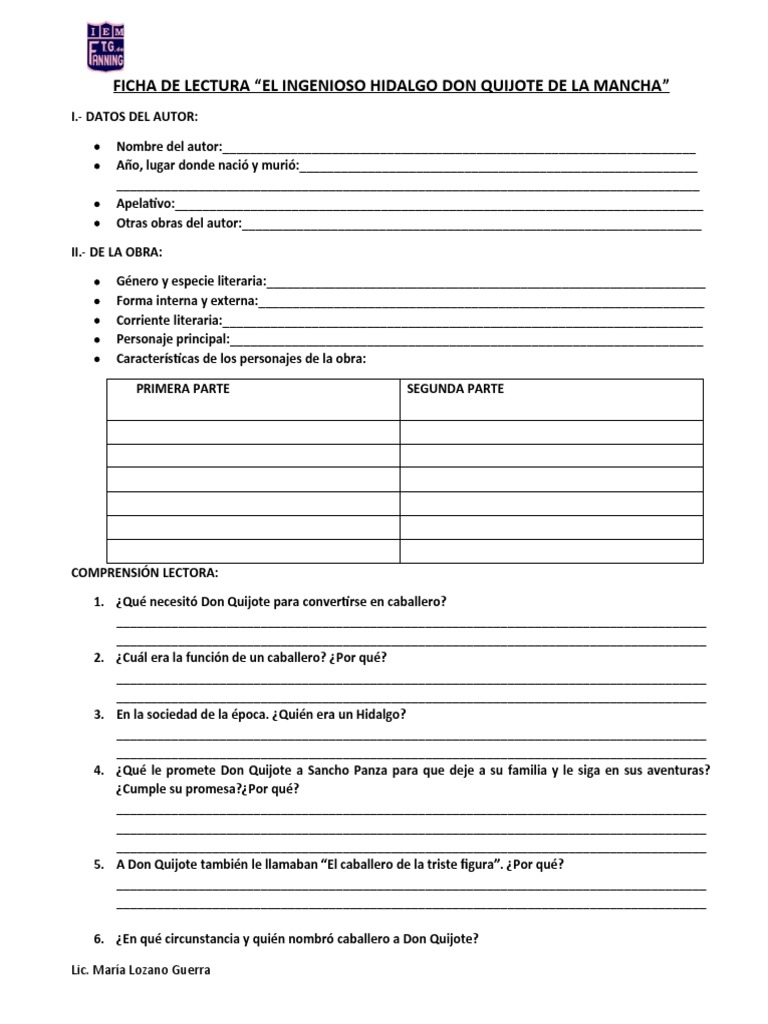 Ficha de Lectura - Don Quijote de La Mancha | PDF | Don Quijote