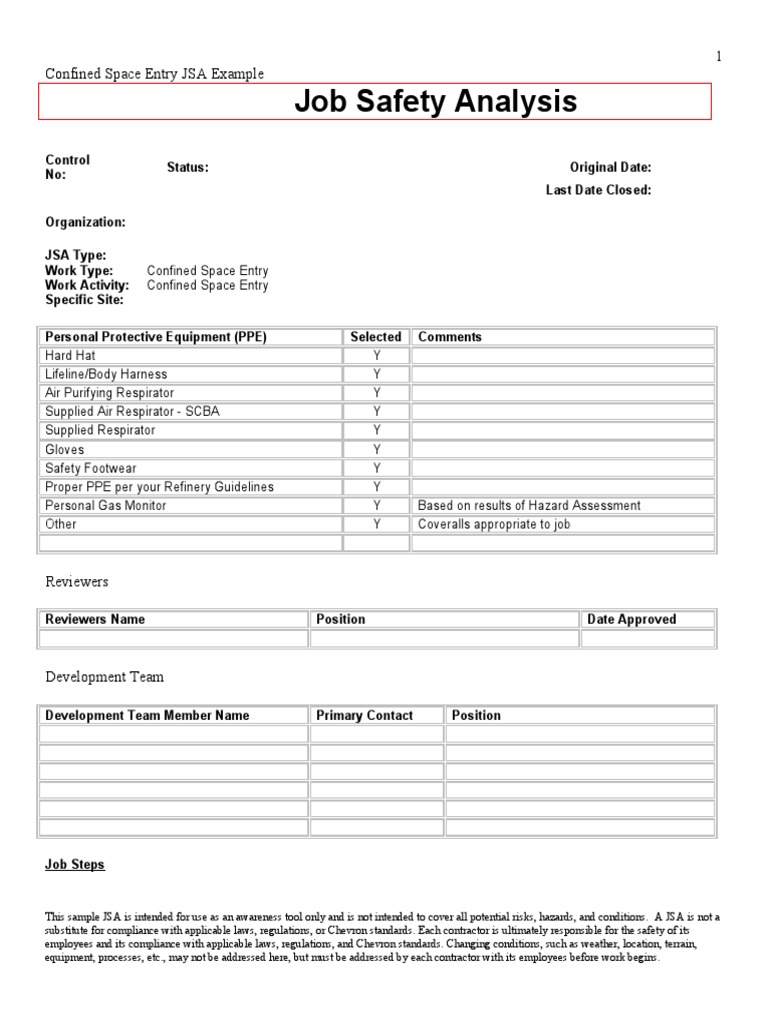 Confined Space Entry JSA Template | PDF