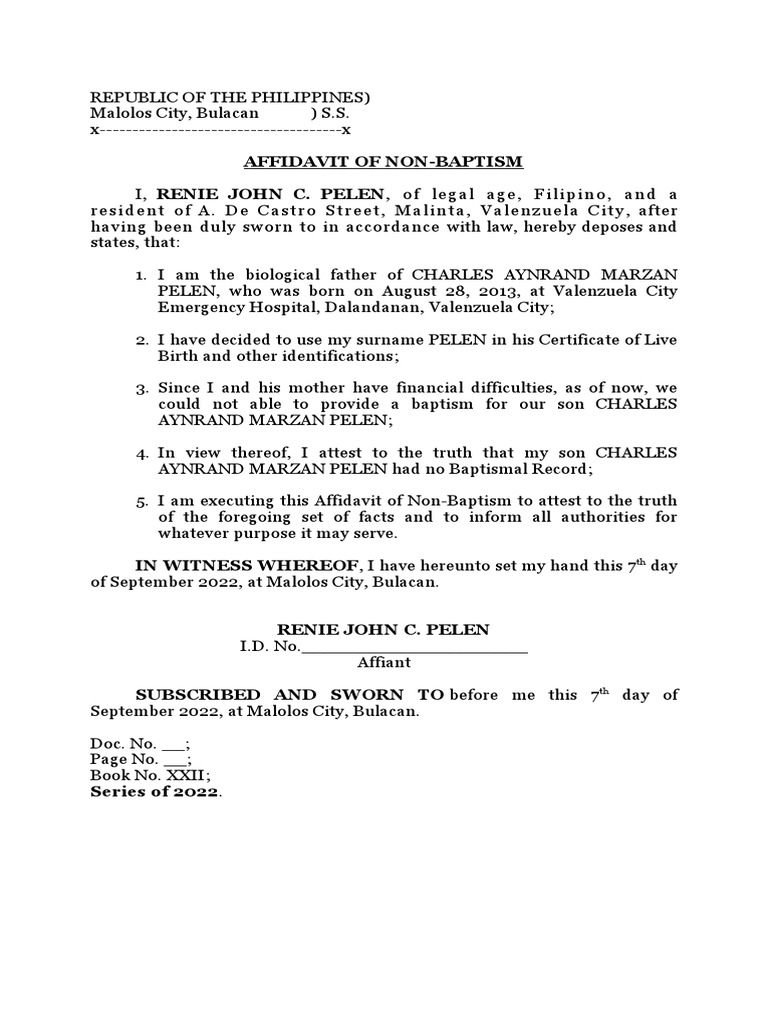Affidavit of Non Baptism Pelen | PDF