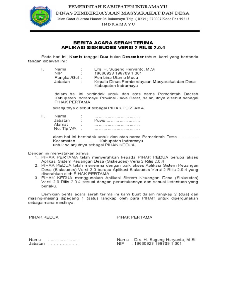 Berita Acara Serah Terima Aplikasi SISKEUDES V. 2 Rilis 2.0.4 | PDF