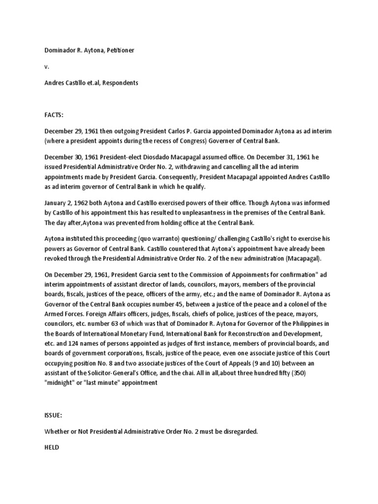 Dominador R. Aytona v. Castillo | PDF | Presidents Of The United States ...
