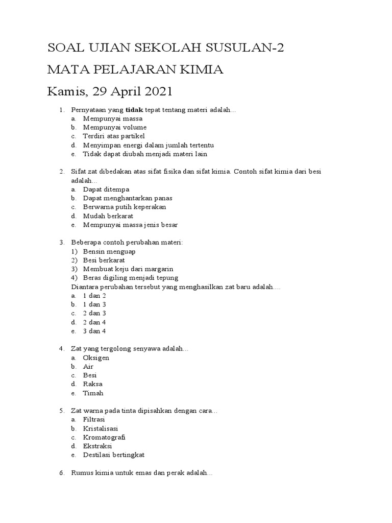 Soal Us Susulan-2 Kimia 2021 | PDF