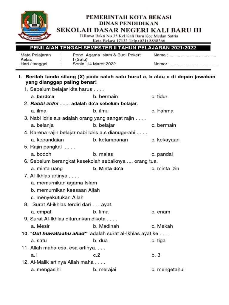 SOAL PAI-1 UTS-2 2020 Ok | PDF
