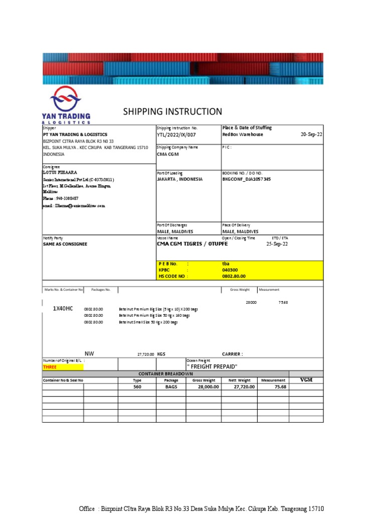 Shipping Instruction: YTL/2022/IX/007 | PDF | Merchant Navy | Service ...