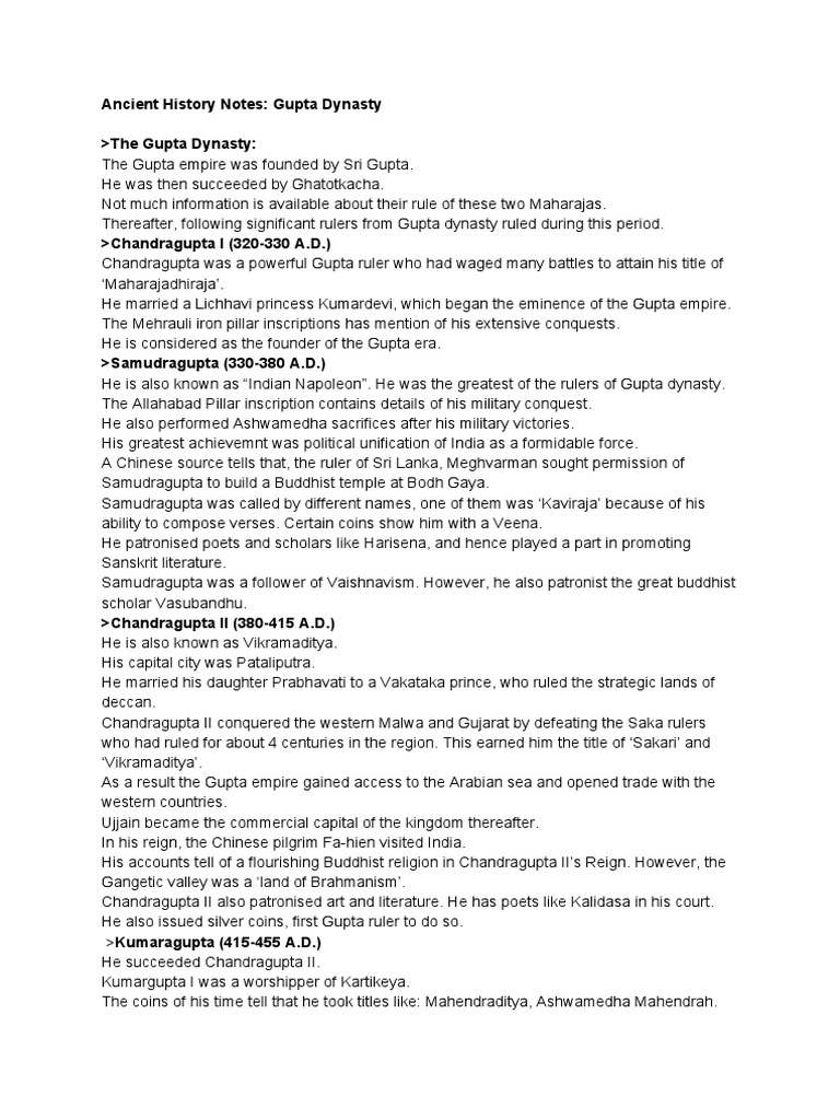 Ancient History Notes- Gupta Dynasty | PDF | Ancient India