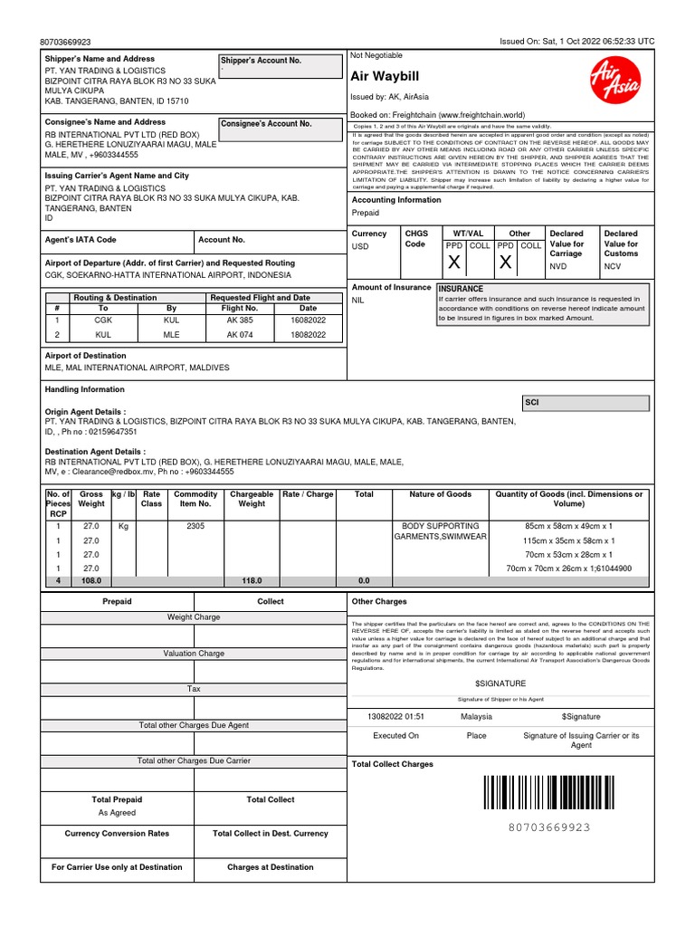 Air Waybill: 80703669923 Issued On: Sat, 1 Oct 2022 06:52:33 UTC | PDF