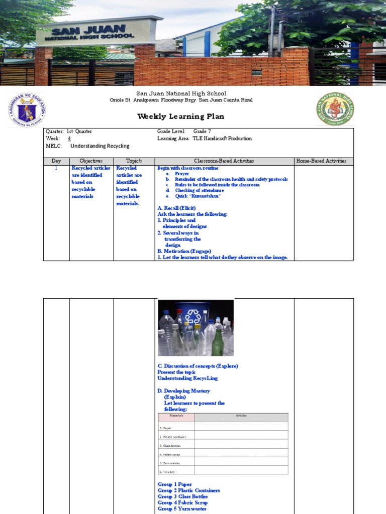 Grade 7 TLE Weekly Learning Plan | PDF | Recycling | Learning
