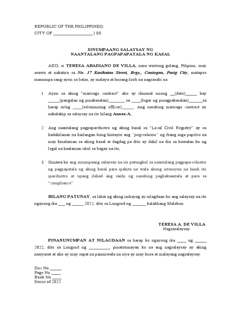 AFFIDAVIT-SINUMPAANG SALAYSAY NAANTALANG PAGPATALA NG KASAL | PDF