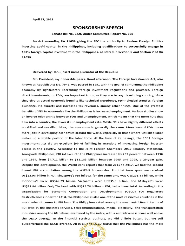 Sponsorship Speech | PDF | Foreign Direct Investment | U.S. Securities ...