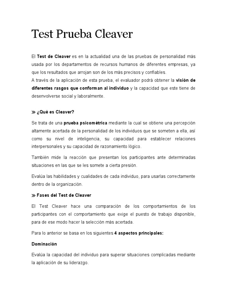 Test Prueba Cleaver INFORME | PDF | Comportamiento | Inteligencia