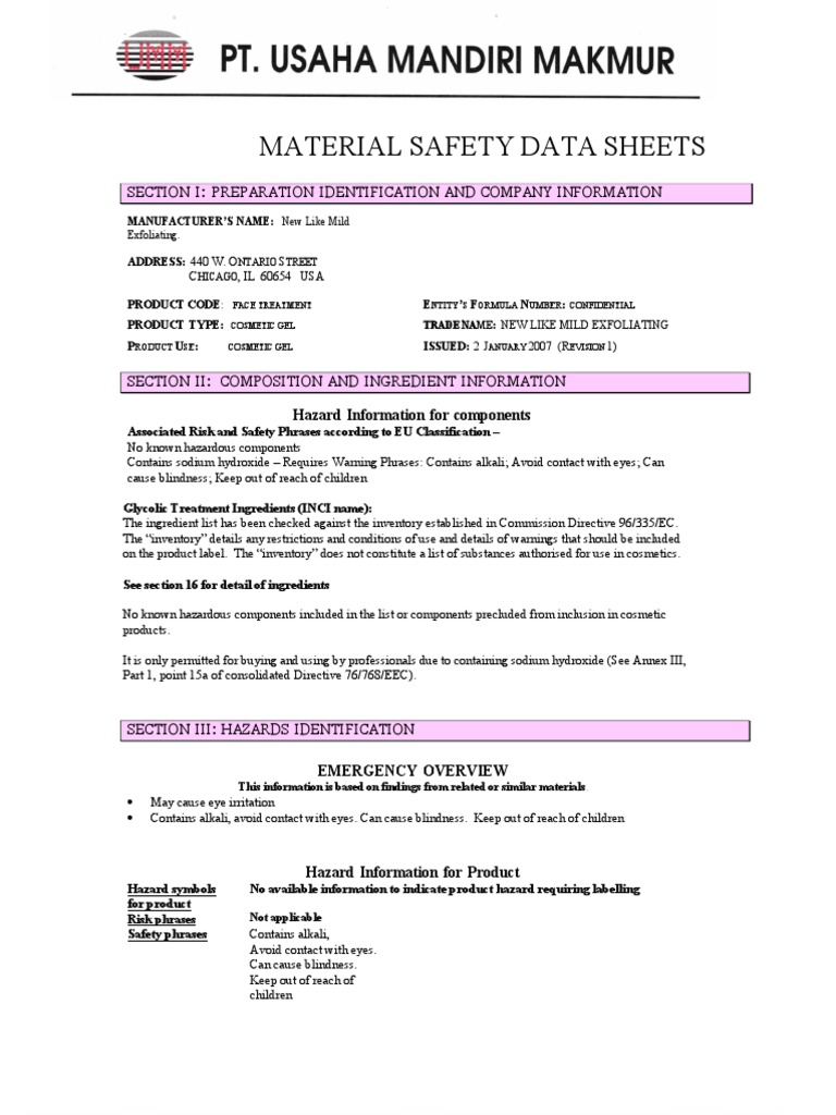MSDS-New Like Mild Exfoliating | PDF | Personal Protective Equipment | Toxicity