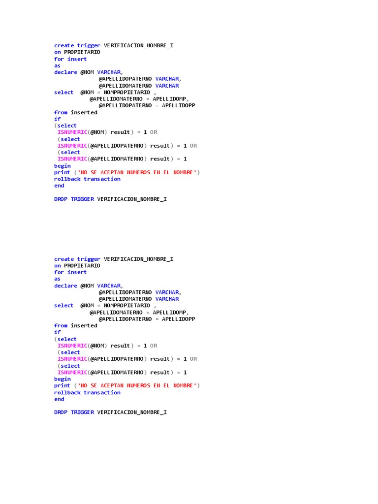 Triggers para validar datos al insertar y actualizar registros de propietarios | PDF