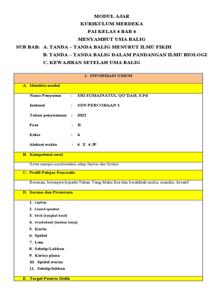 Modul Ajar Pai Kelas 4 Bab 4 Menyambut Usia Balig | PDF
