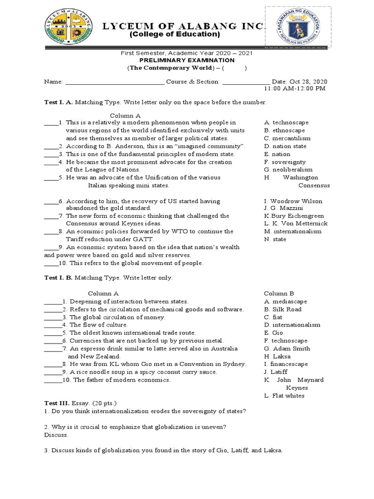 The Contemporary World Prelim Exam 2020 | PDF | Political Science ...