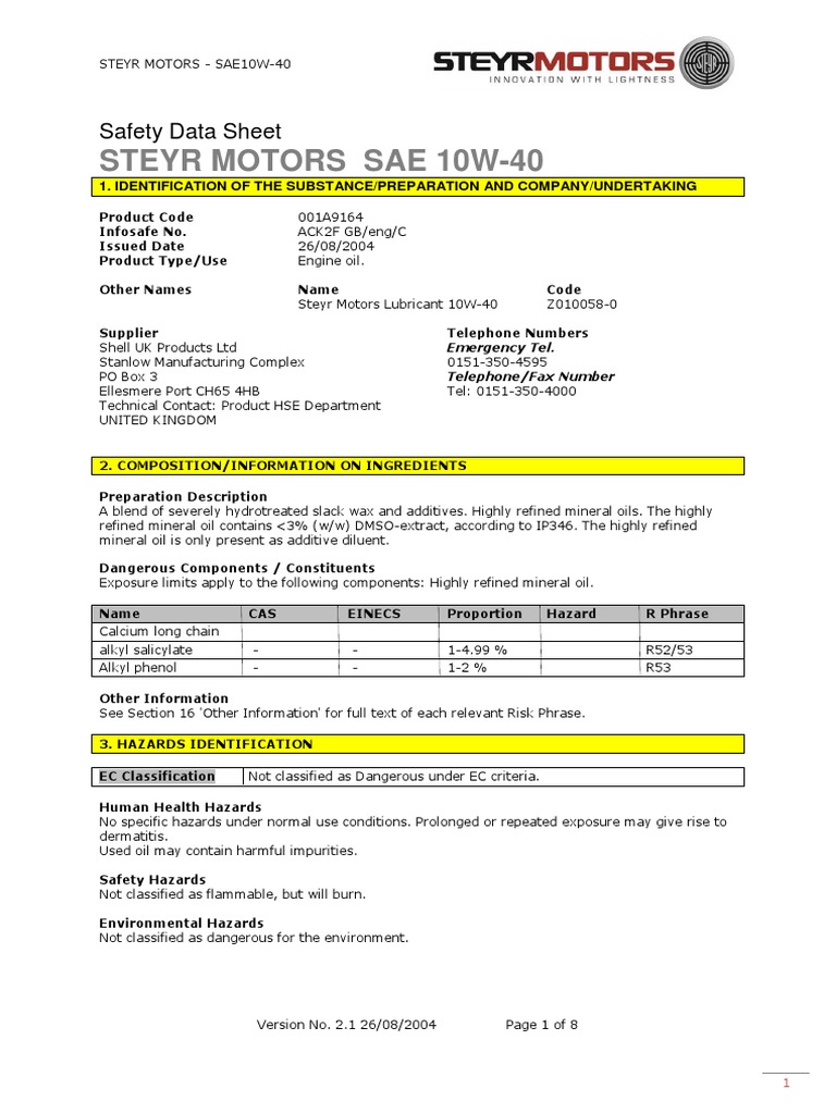 Steyr Motors Lubricant 10W40 | PDF | Dangerous Goods | Occupational ...