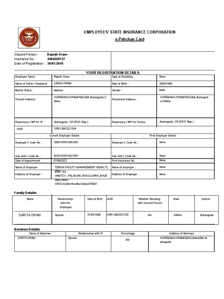 Employees' State Insurance Corporation E-Pehchan Card: Insured Person ...