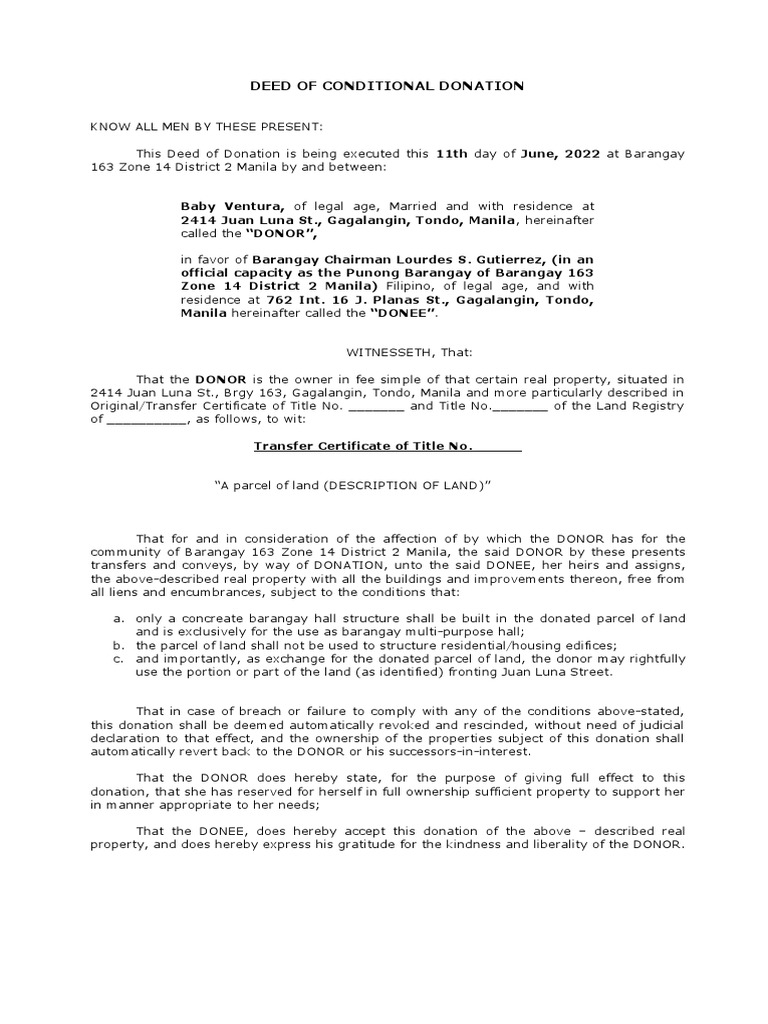 Deed of Conditional Donation With Automatic Revocation Clause | PDF ...