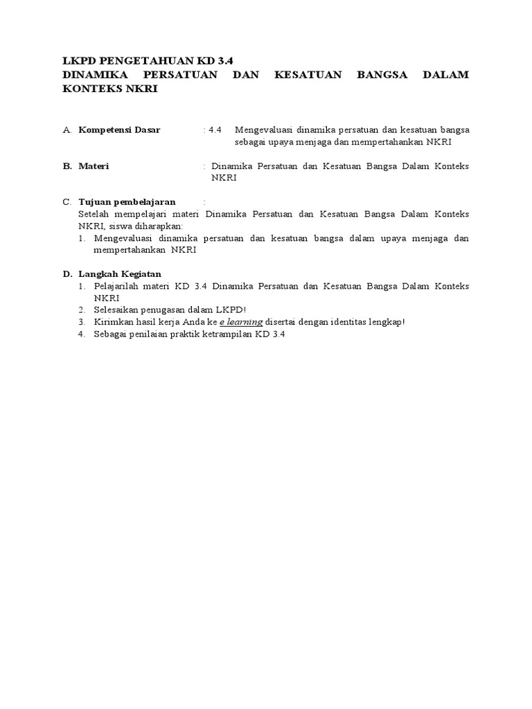 LKPD Pengetahuan KD 3.4 Dinamika Persatuan Dan Kesatuan Bangsa Dalam ... LKPD Pengetahuan KD 3.4 Dinamika Persatuan Dan Kesatuan Bangsa Dalam ...