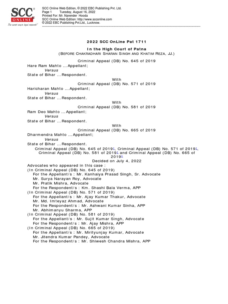 Ram Deo Mahto V State of Bihar | PDF | Bail | Prosecutor