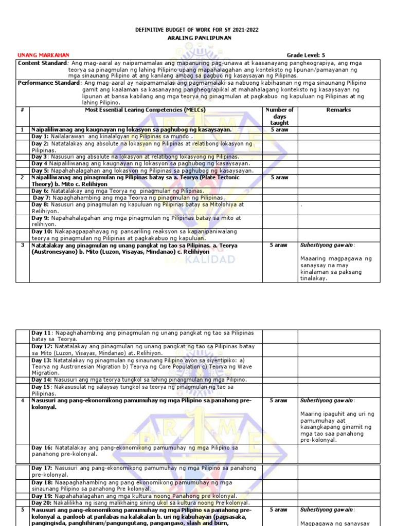 MELCs DBOW AP 5 2021 | PDF