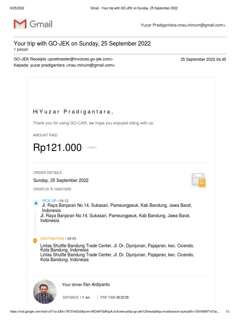 Gojek Trip Receipt: Rp121,000 Payment | PDF