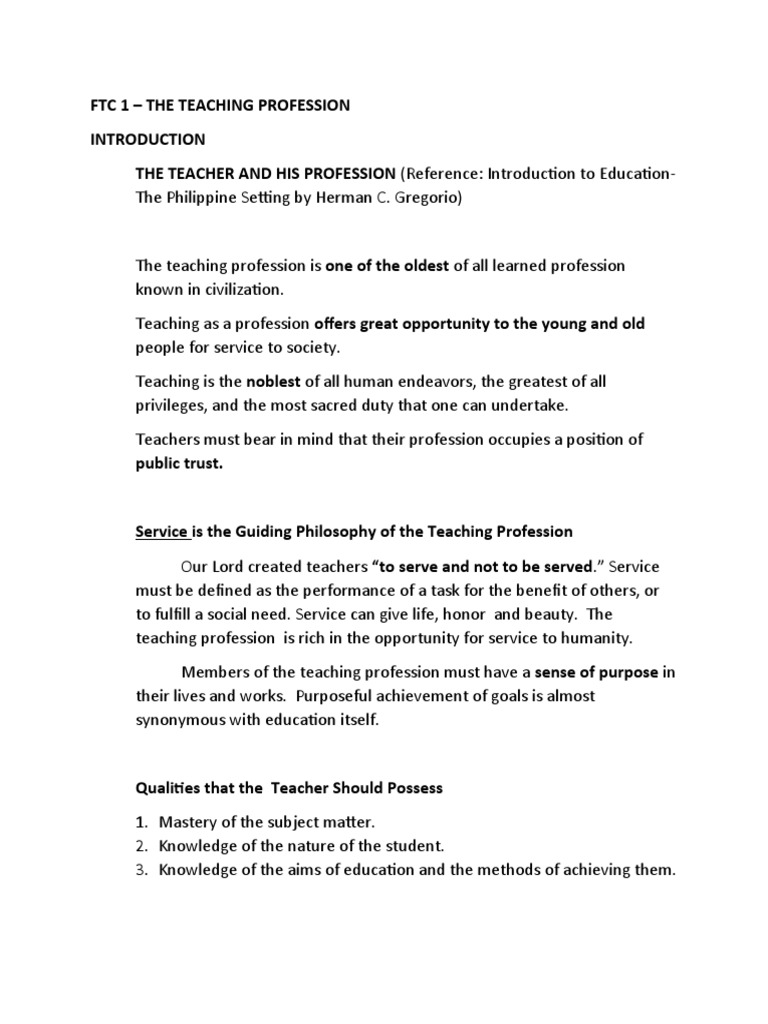 FTC 1-The Teaching Profession - Lecture 1 | PDF | Cost Of Living ...