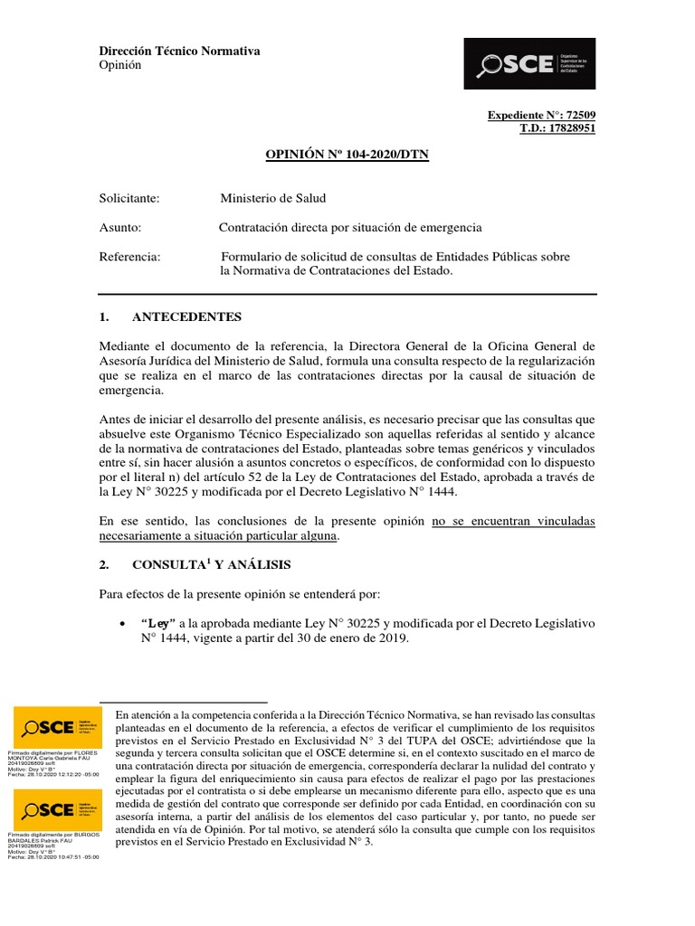 Opinión 104-2020 - MINSA - Contratación Directa Por Situación de ...