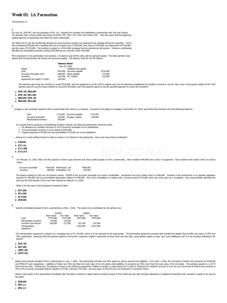 Quizzer WK 1 - 1A FORMATION | Download Free PDF | Balance Sheet | Book Value