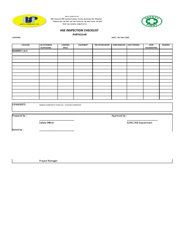 Hse Inspection Checklist | PDF | Fax | Occupational Safety And Health
