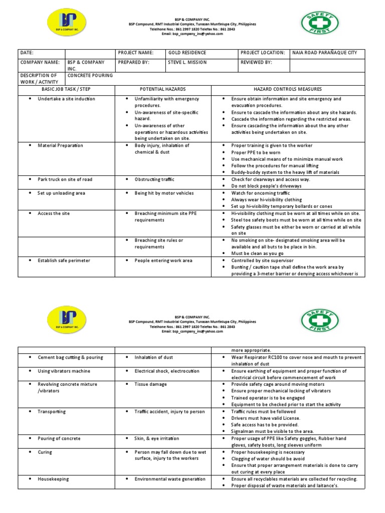 JSA Concreting POURING | PDF
